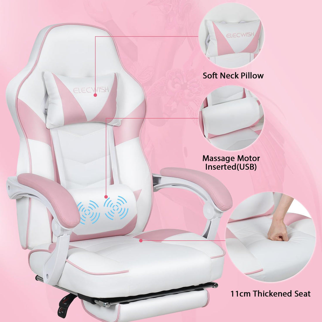 Ergonomic Gaming Chair with Massage Footrest Headrest | Elecwish.com